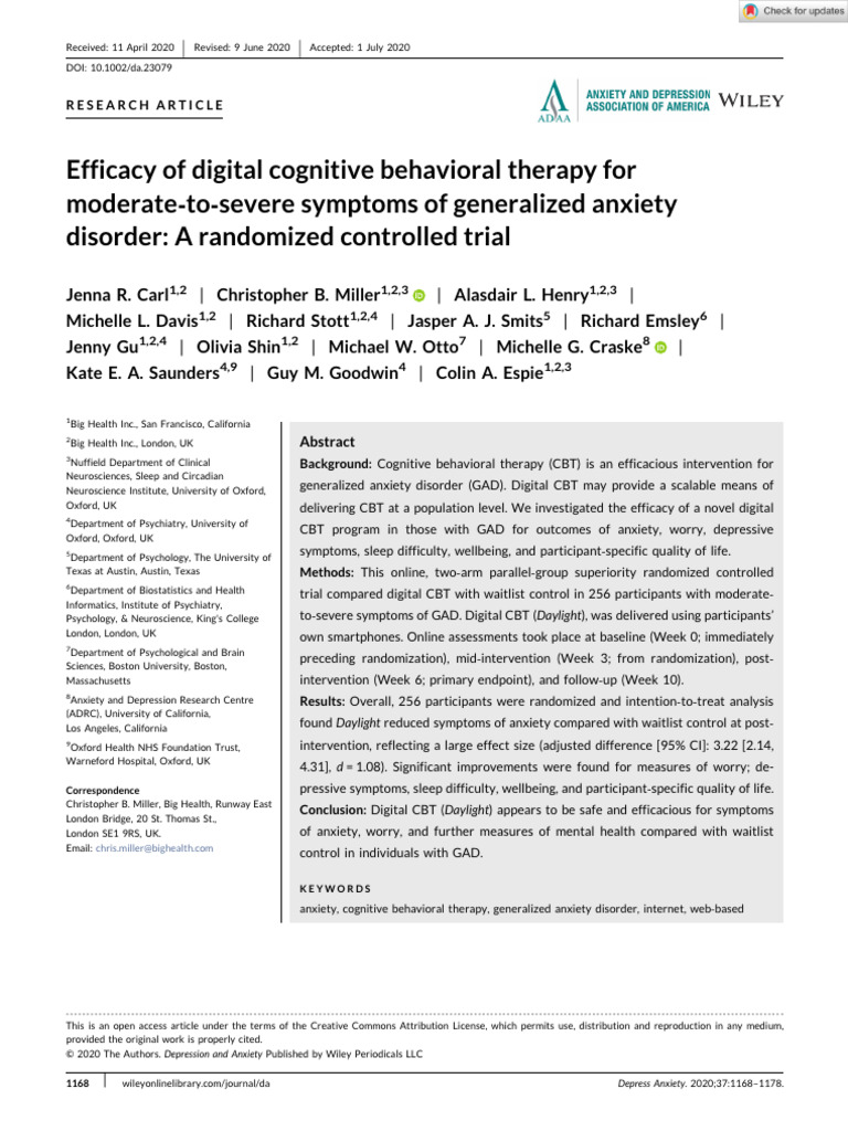 Efficacy of Digital Cognitive Behavioral Therapy For Moderate To Severe Symptoms of Generalized ...