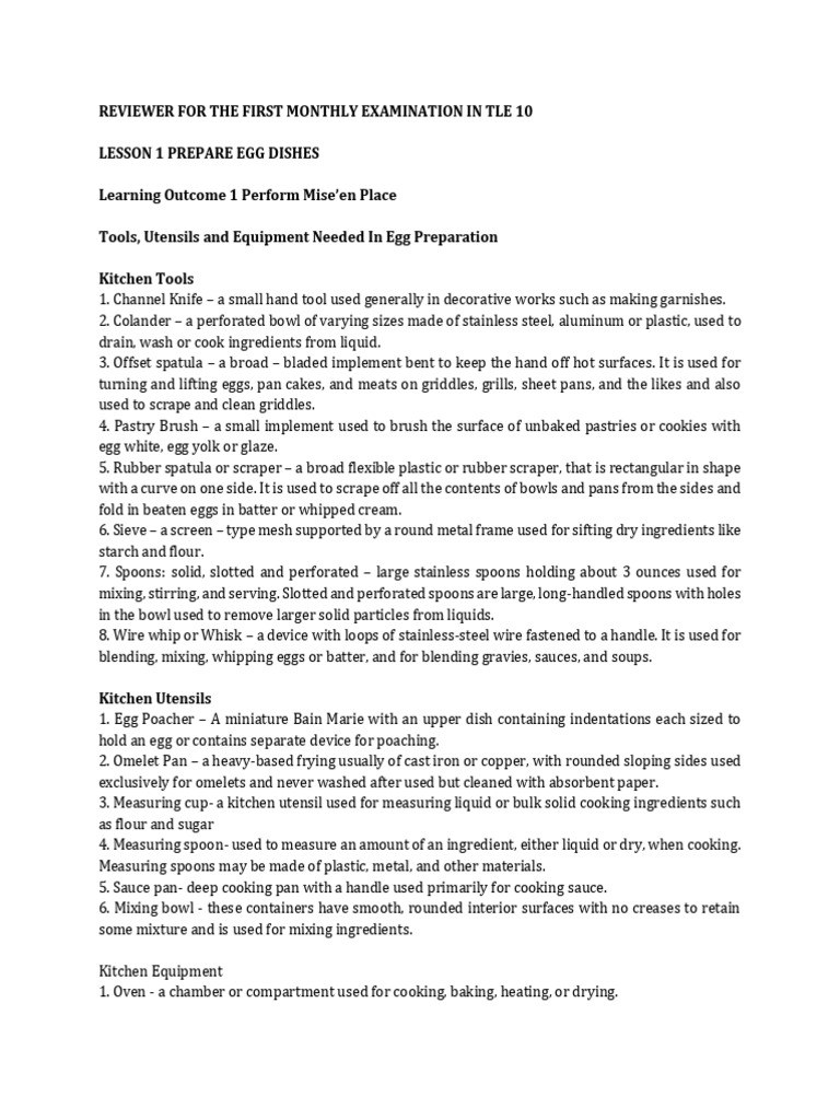 Reviewer For The First Monthly Examination in Tle 10 | PDF | Dishwasher | Cookware And Bakeware