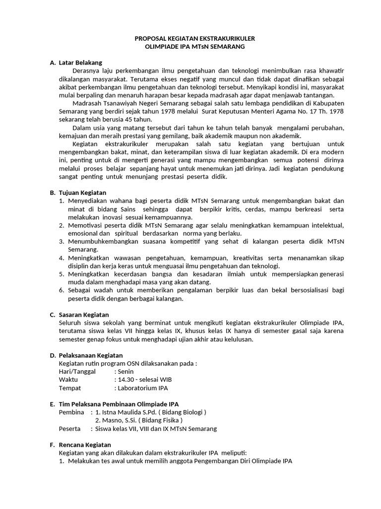 Proposal Kegiatan Ekstrakurikuler Olimpiade Ipa | PDF