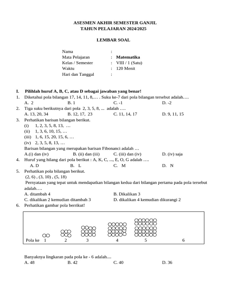 Soal Pas MTK KLS 8 K13 - Bimbel | PDF