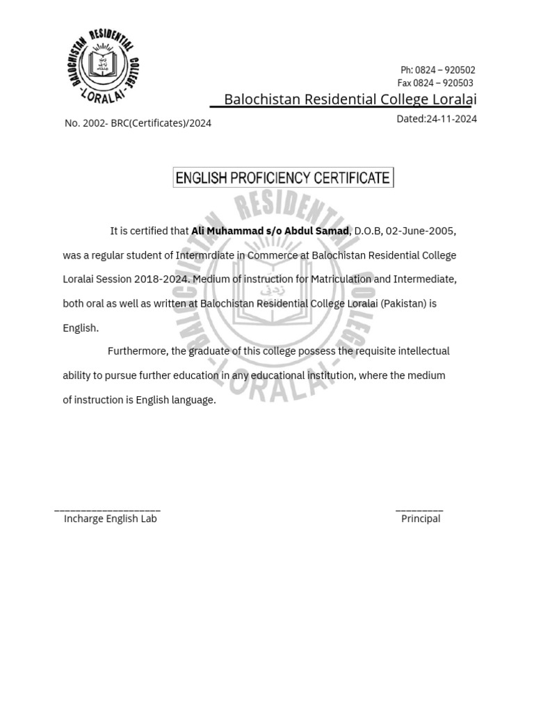 Sample of English Proficiency Certificate For Foreign Universities ...