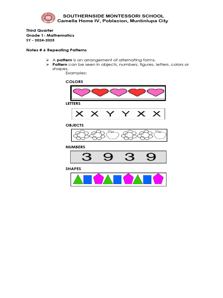 3rd QTR Math 1 Notes 6 Repeating Patterns | PDF