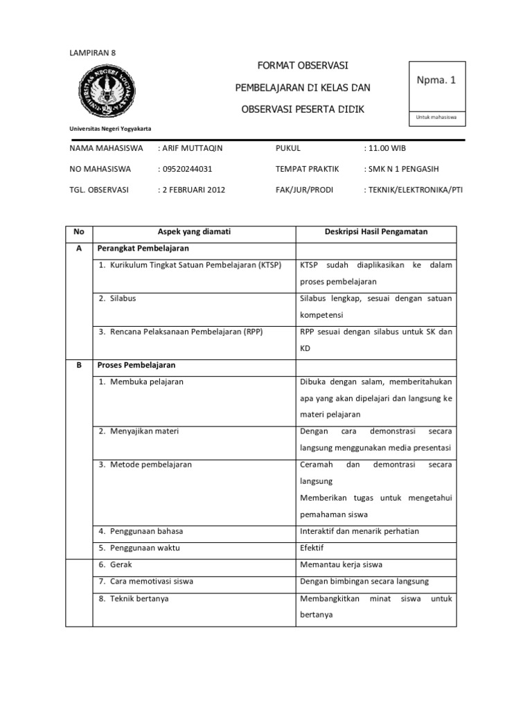 Format Observasi Pembelajaran Di Kelas | PDF