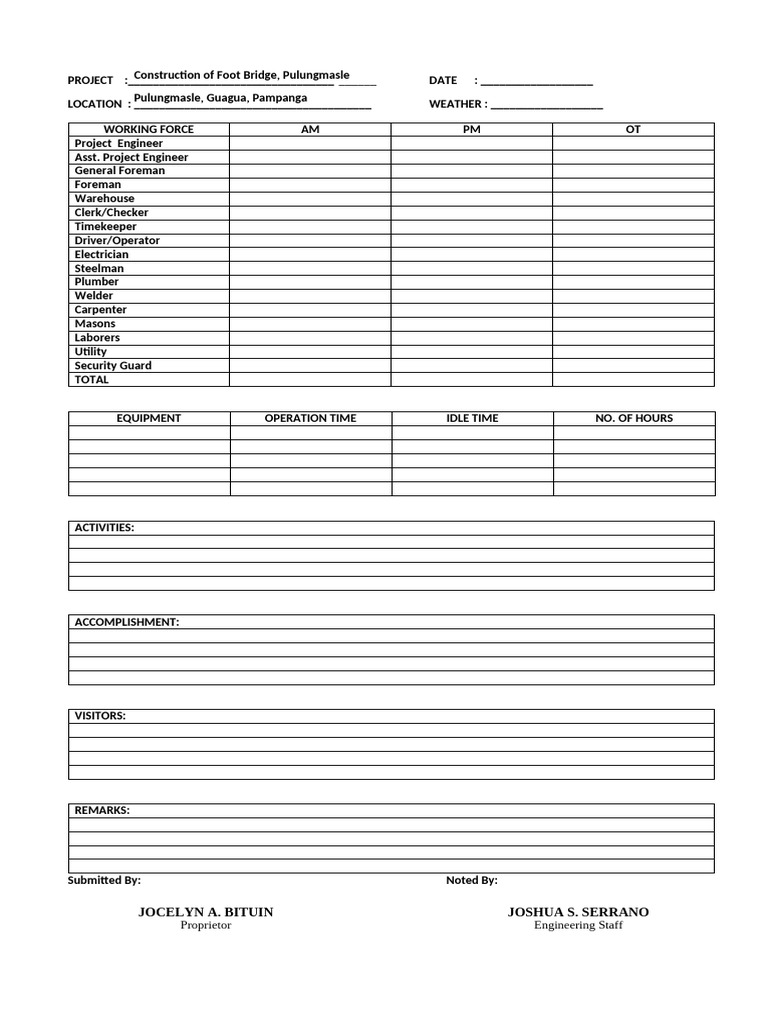 Logbook Construction of Foot Bridge Pulungmasle | PDF