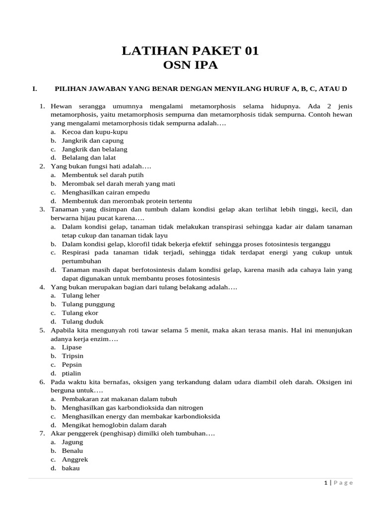 Latihan Paket 01 Osn Ipa | PDF