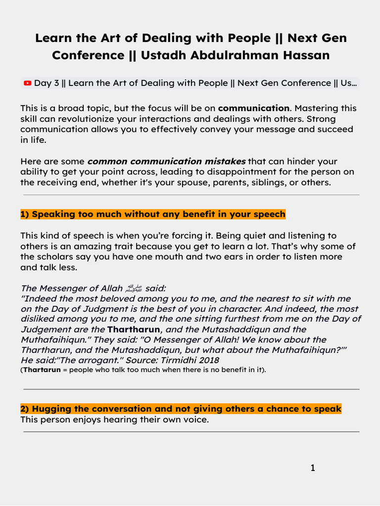 Learn The Art of Dealing with People _ Ustadh Abdulrahman Hassan | PDF ...