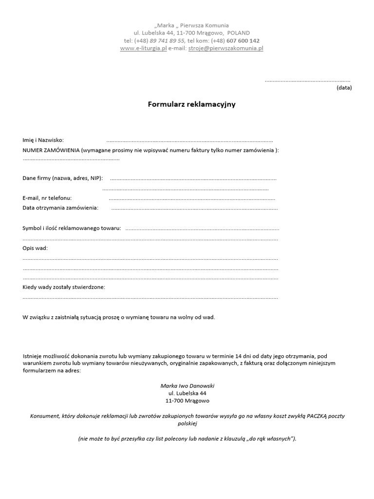 Formularz Reklamacyjny | PDF