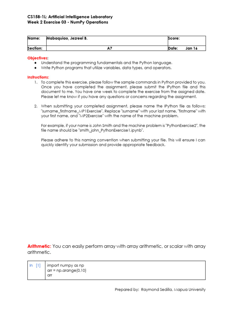 Mabaquiao Jezreel PythonExercise3 | PDF | Matrix (Mathematics) | Logarithm
