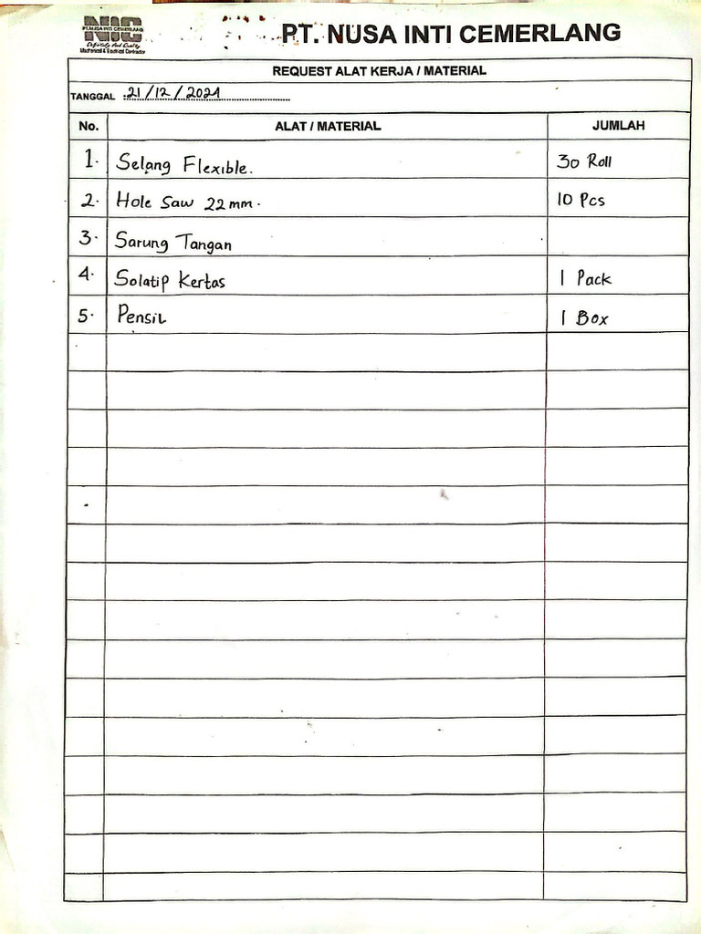 REQ ALAT KERJA MATERIAL 21122024 | PDF