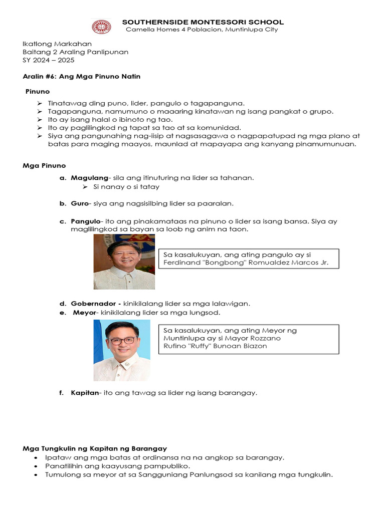 3RD QTR AP2 Aralin 6 Ang Mga Pinuno Natin | PDF