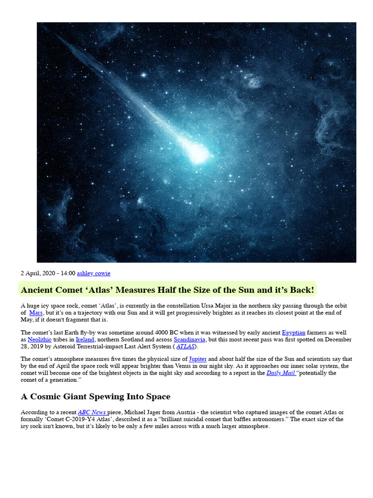 Ancient Comet Atlas' Measures Half Size Sun and It's Back Ancient ...