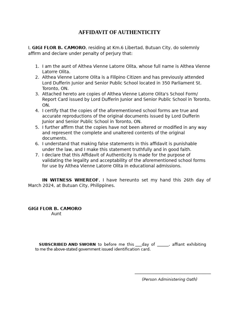 Affidavit of Authenticity | PDF