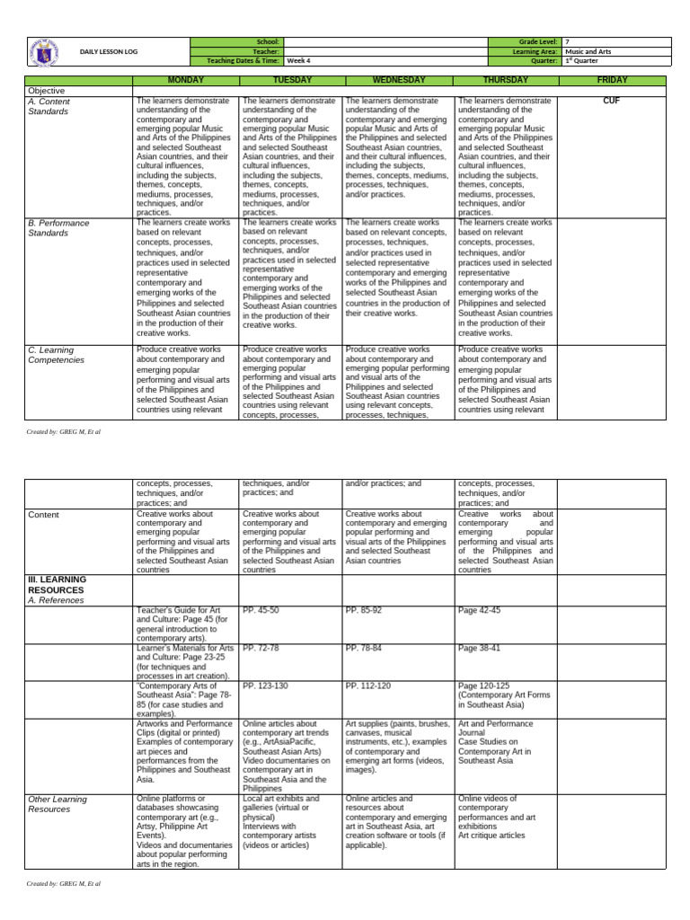 Music and Arts Lesson Plan for Grade 7 | PDF | The Arts | Dances