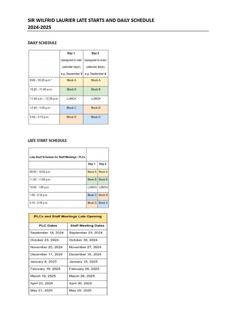 Laurier Late Starts & Daily Schedule 2024-25 | PDF
