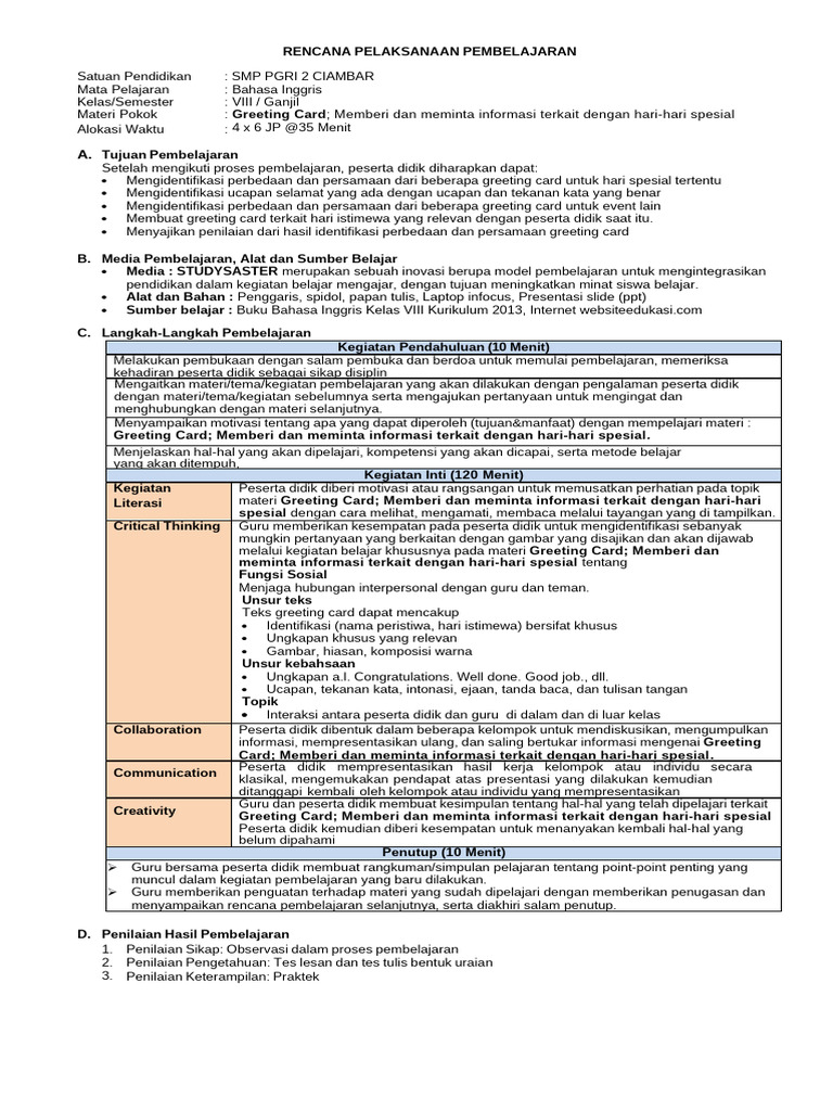 5. Rpp 1 Lembar B.ing Kelas 8 K13 (Greeting Cards) | PDF