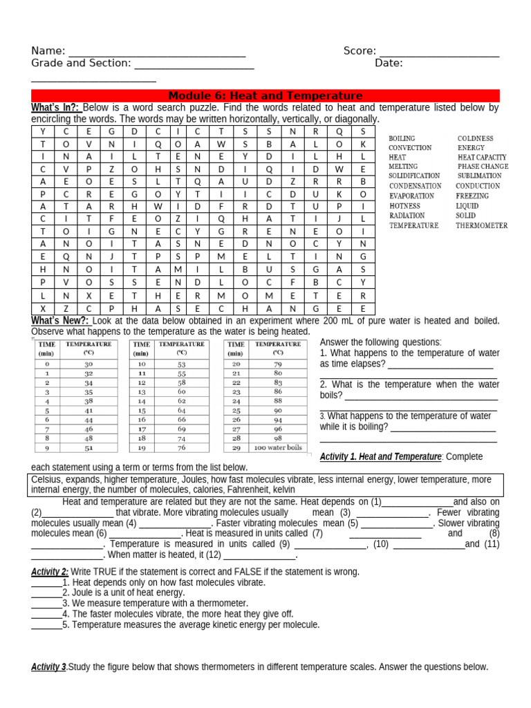 Heat and Temperature Word Search Activity | PDF | Temperature | Water