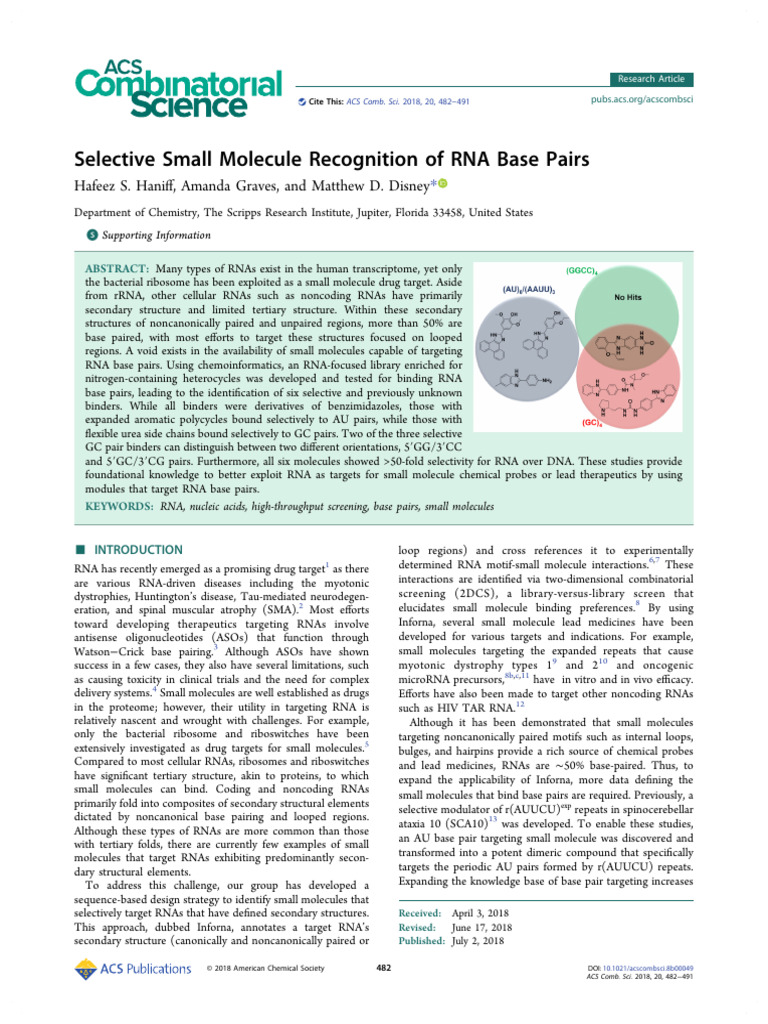 2018 Small Molecule Recognition RNA Base Pairs Haniff Graves & Disney | PDF | Rna | Oligonucleotide