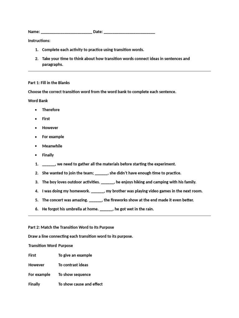 Transition Words Worksheet | PDF