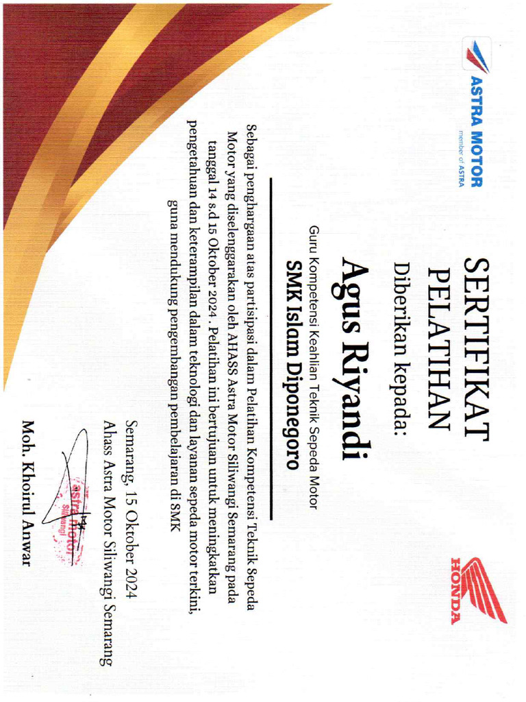 Sertifikat Pelatihan PK Agus | PDF