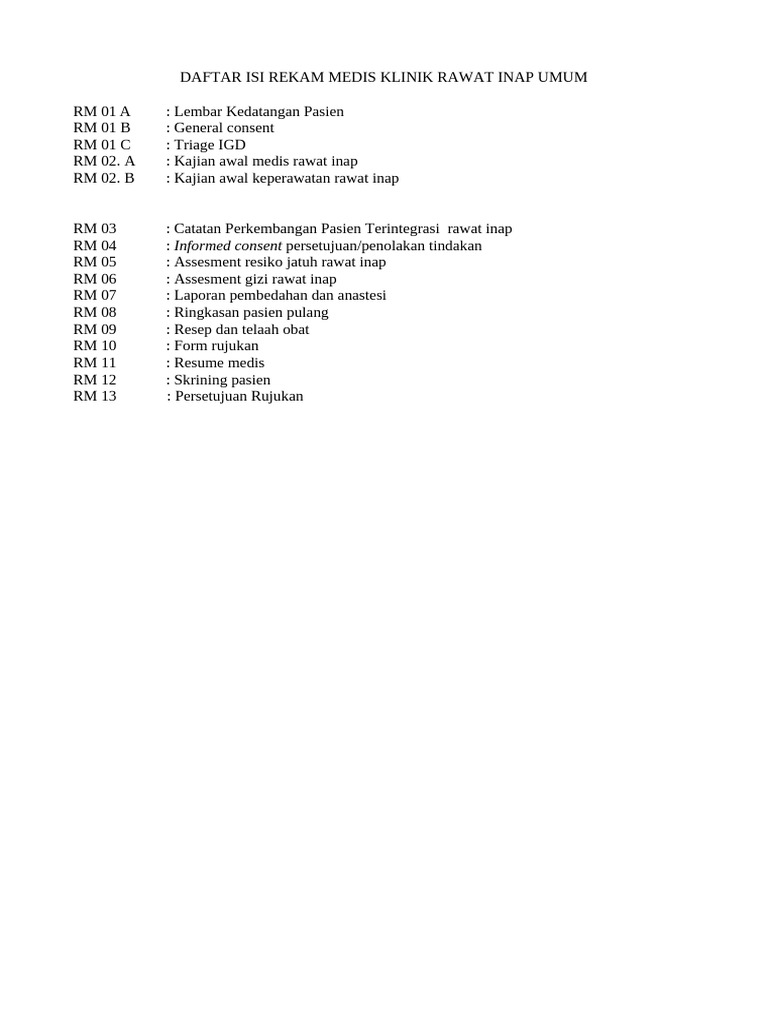 Rekam Medis Klinik Rawat Inap Umum | PDF