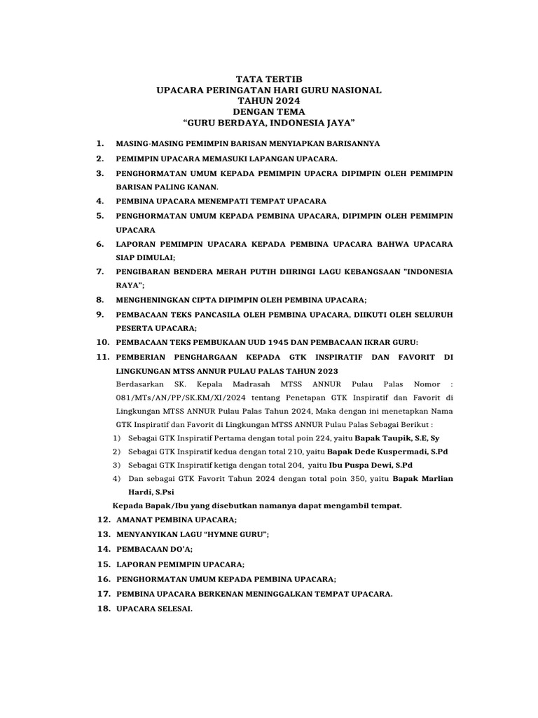 TATA TERTIB UPACARA HARI GURU NASIONAL TAHUN 2024 | PDF