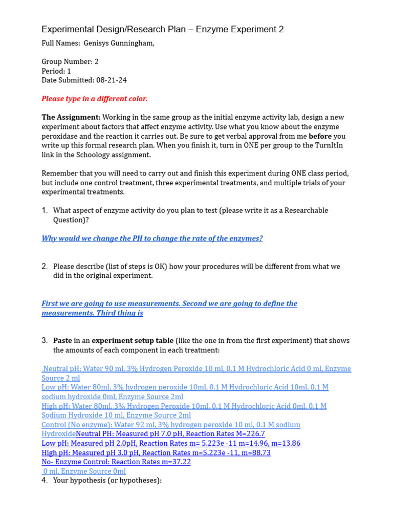 Enzyme Experiment 2 Research Plan 2425 | PDF | Ph | Experiment