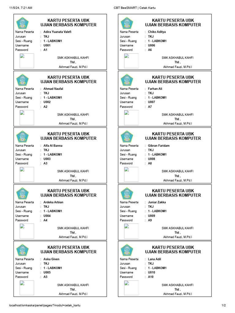 KARTU UJIAN SMK ASKA | PDF