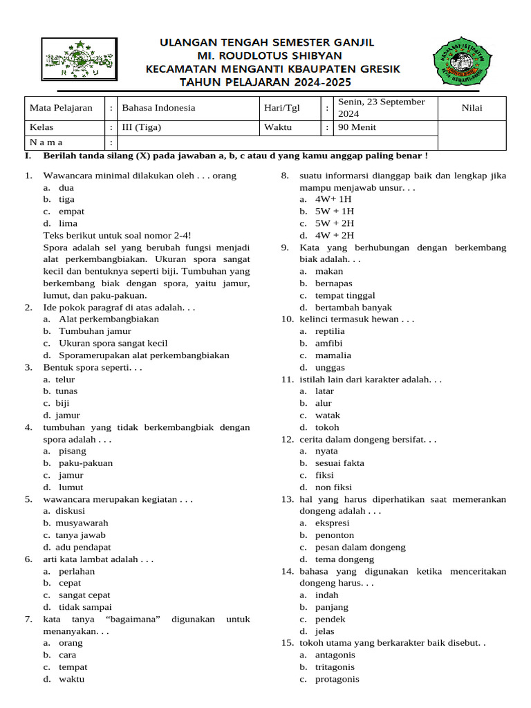 PTS Bindo KLS 3 Ganjil | PDF