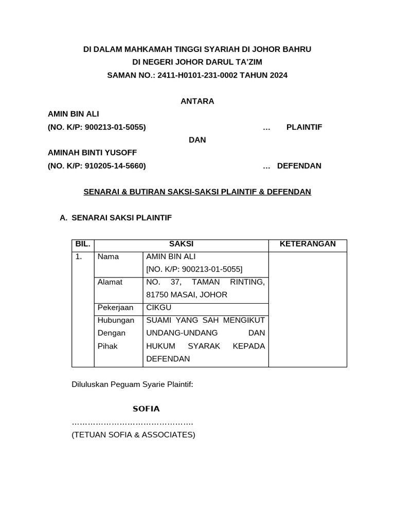 Senarai & Butiran Saksi-Saksi Plaintif & Defendan | PDF