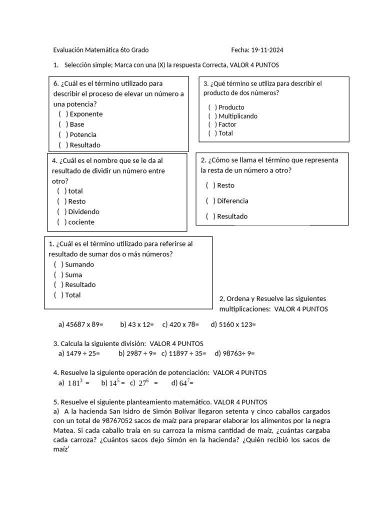 Evaluación Matemática 6to Grado Miguelange | PDF