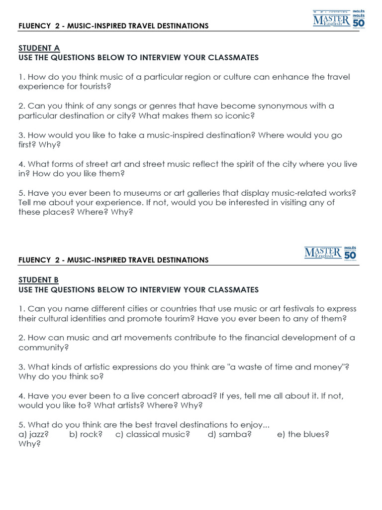FLUENCY 2 - MUSIC-INSPIRED TRAVEL DESTINATIONS - Speaking 1 | PDF