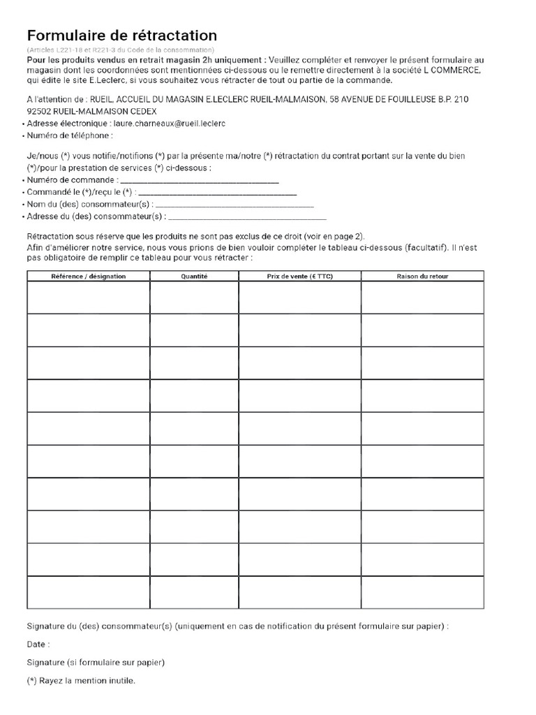 Formulaire de Rétractation | PDF