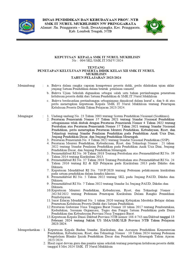 CONTOH SK Penetapan Kelulusan 2024 PROVINSI (1) | PDF