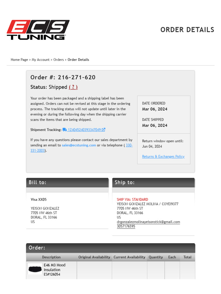 ECS Tuning - Order Receipt #216-271-620 | PDF