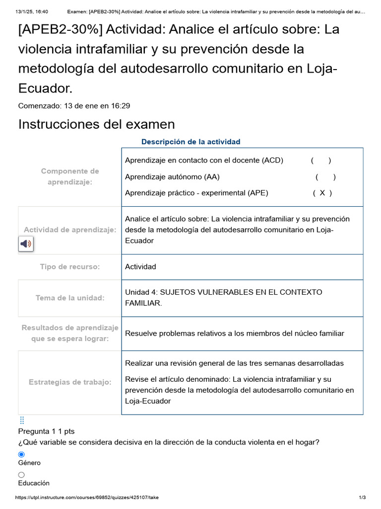 Examen - (APEB2-30%) Actividad - Analice El Artículo Sobre - La Violencia Intrafamiliar y Su ...