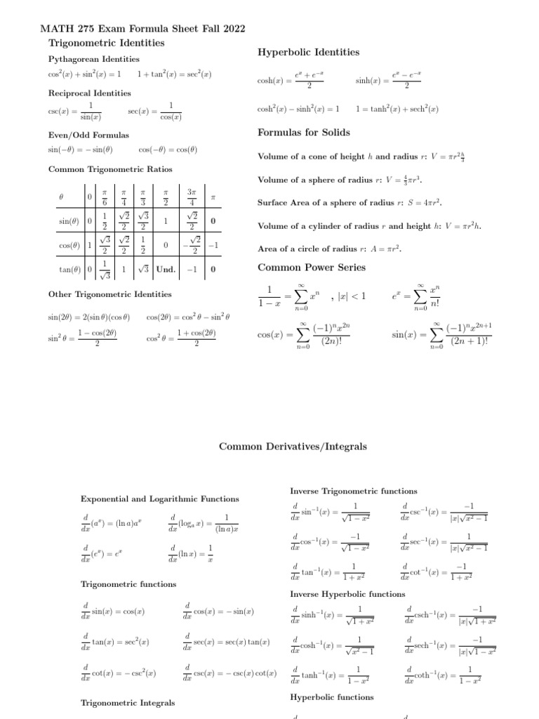 275_exam_formula_sheet final | PDF | Trigonometric Functions | Mathematical Objects