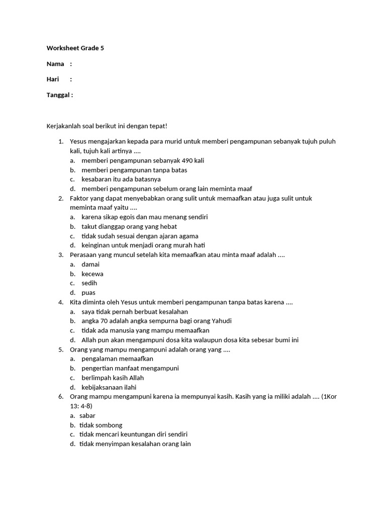 Worksheet Pengampunan Kristen Grade 5 | PDF