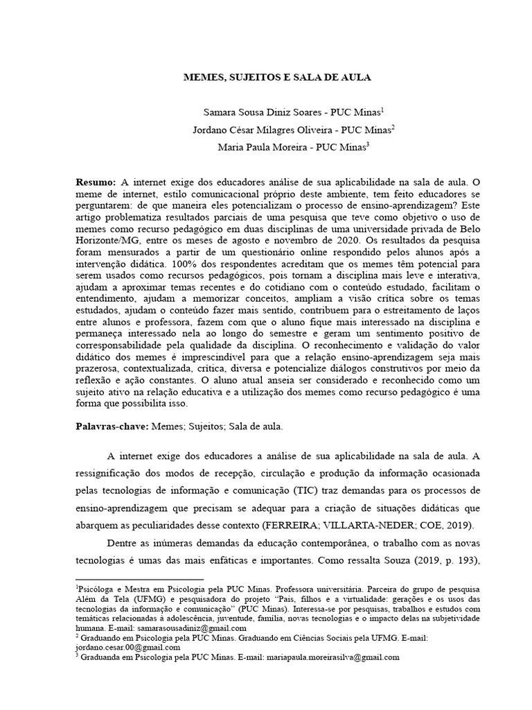 Memes como Recursos Pedagógicos | PDF | Pedagogia | Sociologia