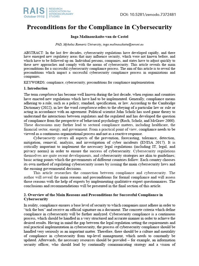 Preconditions For The Compliance in Cybersecurity Ok | PDF | Computer ...