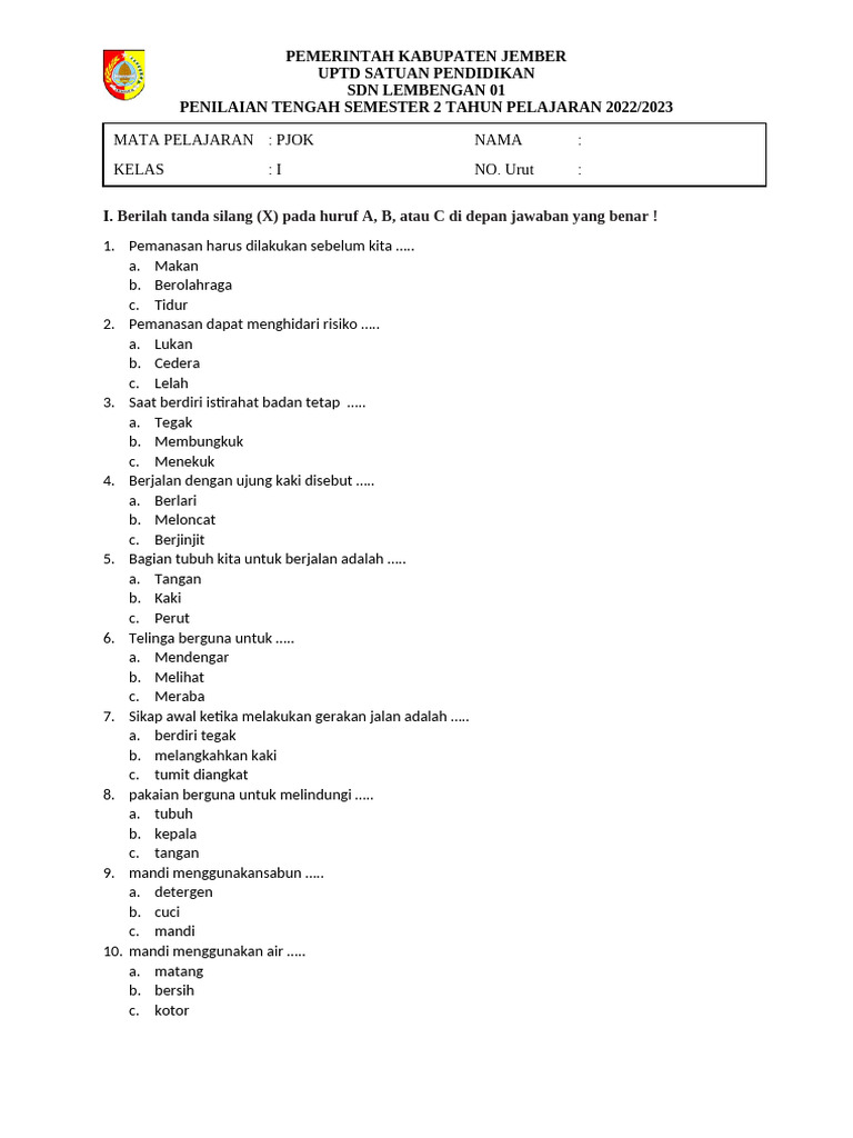 Penilaian Tengah Semester PJOK Kelas I | PDF