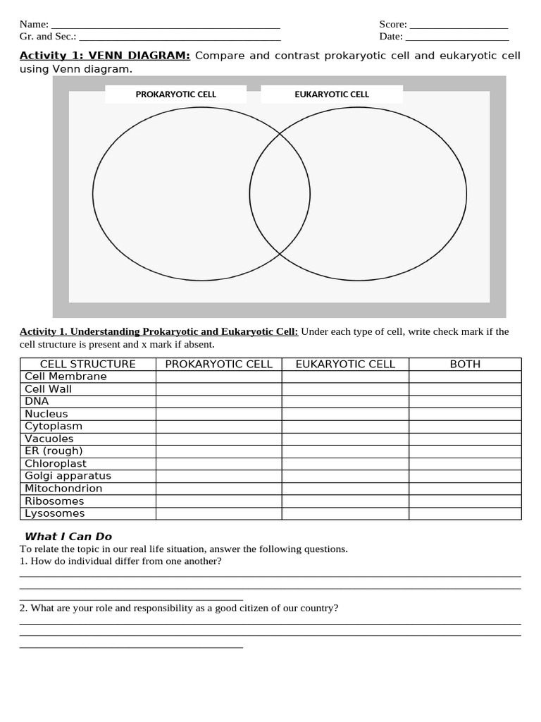 Prokaryotic vs. Eukaryotic Cells ACTIVITY WORKSHEET | PDF | Cell ...