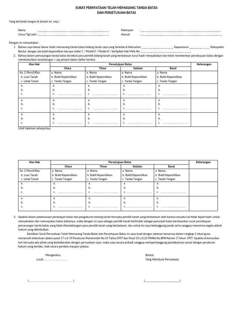 Surat Pernyataan Tanda Batas Tanah | PDF