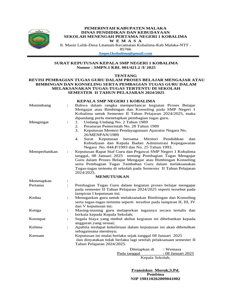 SK Pembagian Tugas Semester 2 2024-2025 | PDF