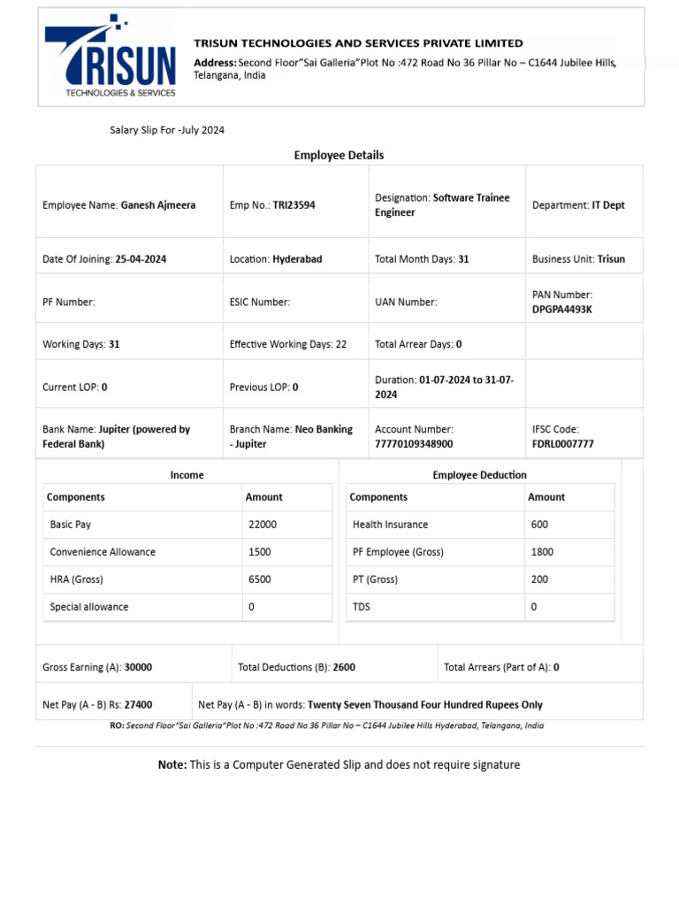 Ganesh Ajmeera - Payslip - July - 2024 | PDF