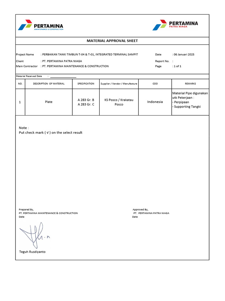 Material Approval Sheet - Plate | PDF