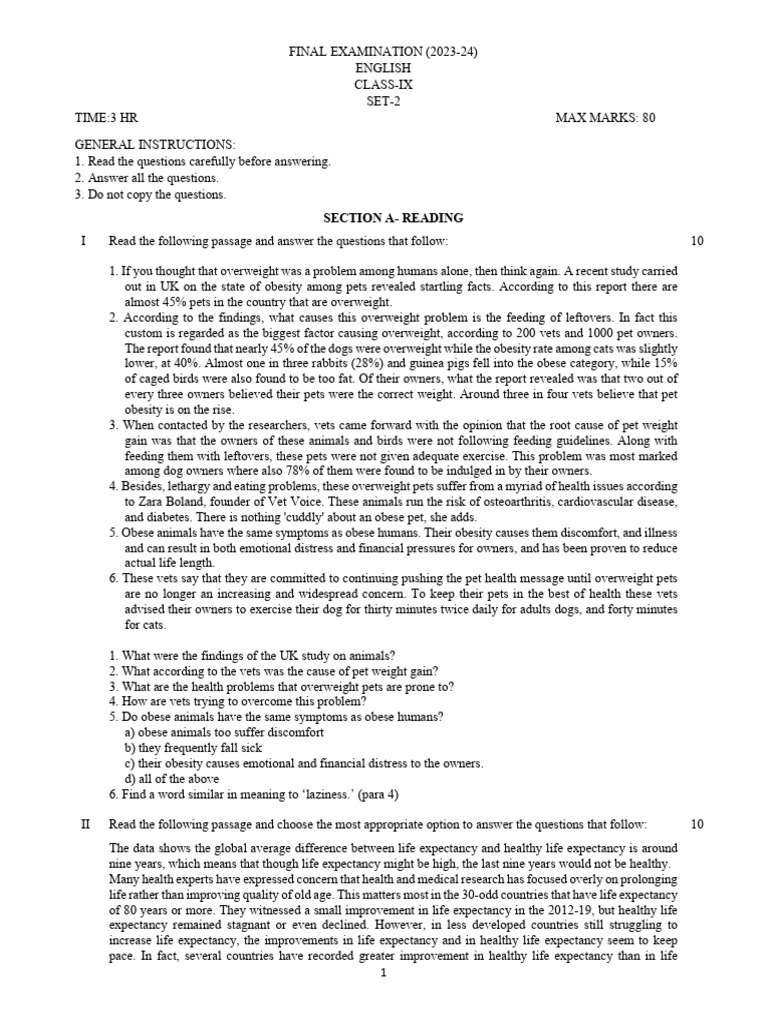 English sample question paper class 10 | PDF | Obesity | Pet