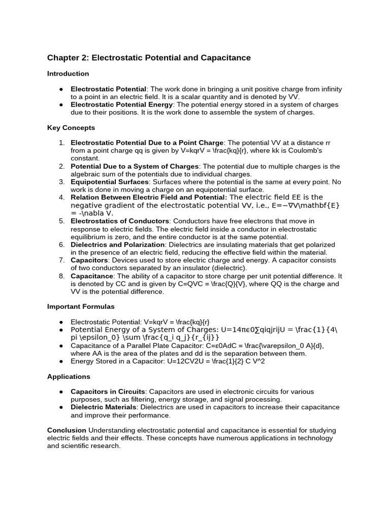 Chapter 2 - Electrostatic Potential and Capacitance | PDF | Capacitance | Capacitor