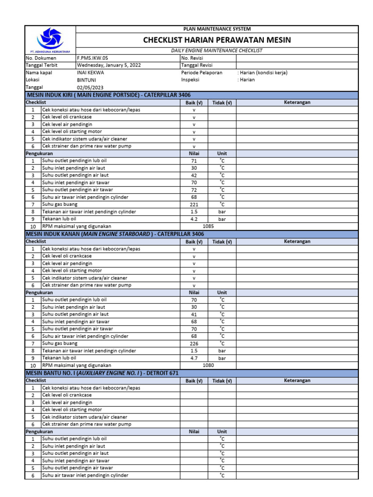 Checklist Perawatan Mesin Kapal | PDF