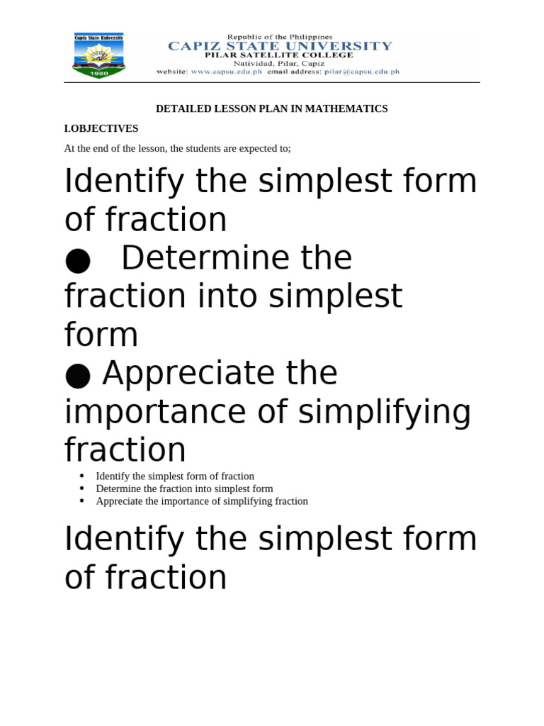 Detailed Lesson Plan Simplifying Fraction | PDF | Numbers | Division ...