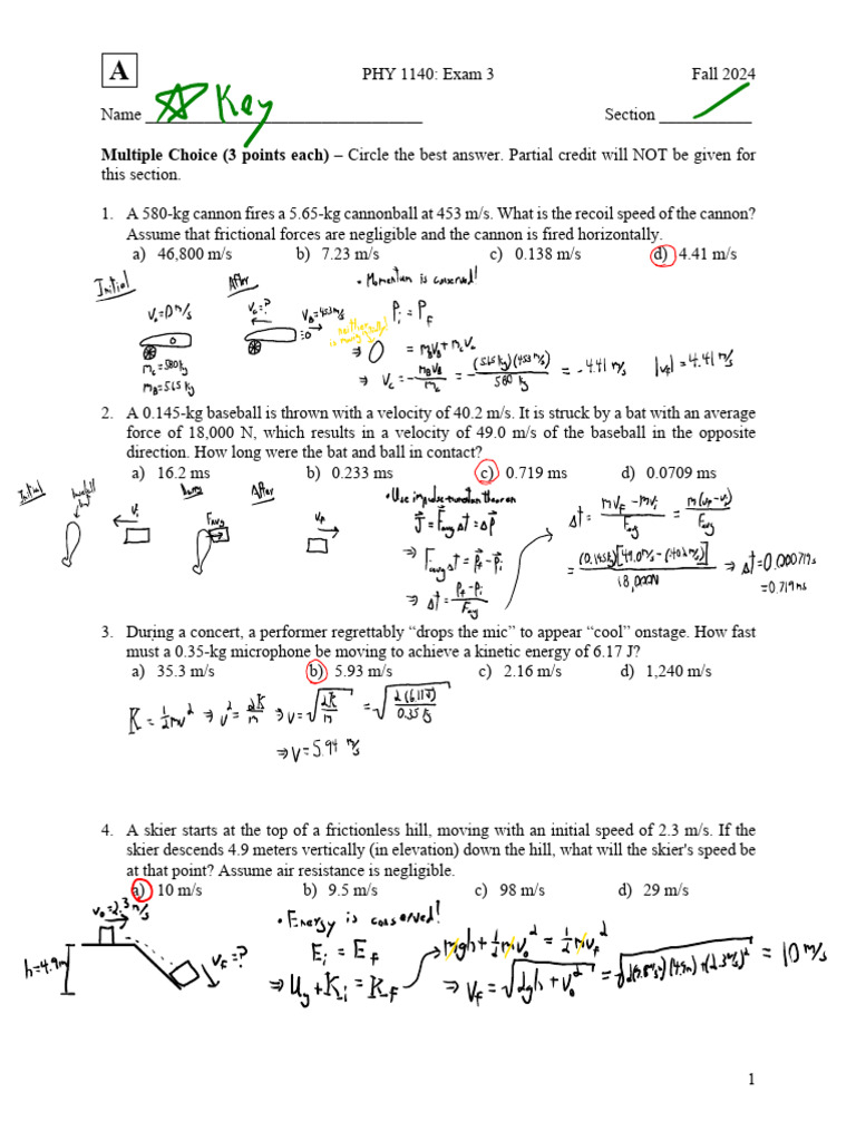 PHY 1140: Exam 3 Exam3 - A - Answers | PDF | Collision | Physical ...